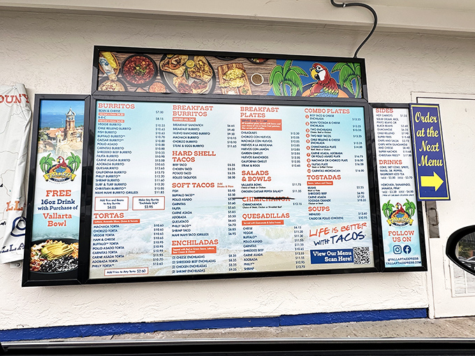 The menu board at Vallarta Express reads like a love letter to Mexican cuisine, with burritos taking center stage in this culinary romance.