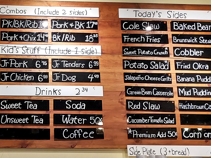 The chalkboard menu speaks the universal language of barbecue—no fancy descriptions needed when the food does all the talking.