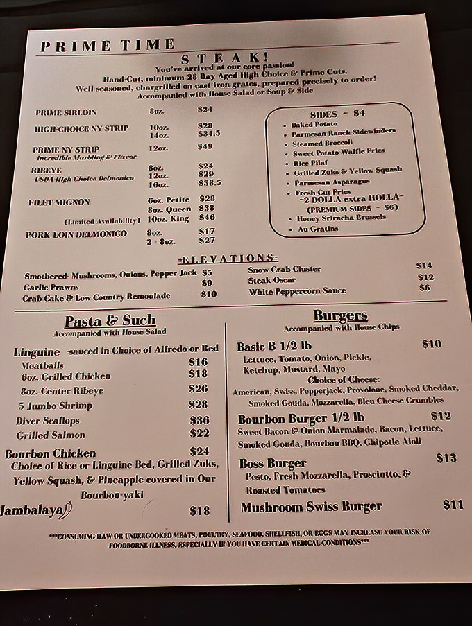 The menu reads like a love letter to carnivores, with bourbon making special guest appearances throughout. Decision paralysis has never been so delicious.