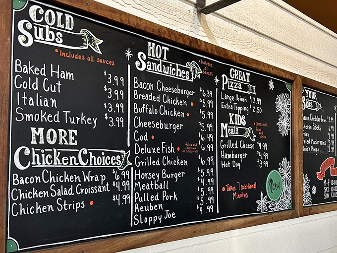This chalkboard menu isn't just listing sandwiches—it's offering life choices. The Reuben and Sloppy Joe aren't competing; they're collaborating on your happiness.