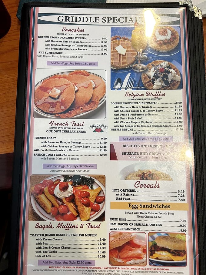 The menu reads like a love letter to breakfast classics. That Lumberjack platter isn't just a meal&mdash;it's a commitment!