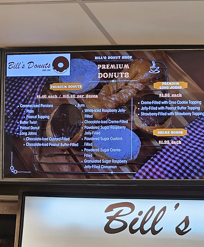 This menu board isn't just a list&mdash;it's a roadmap to happiness with destinations like "Pretzel Donut" and "Caramel-Iced Persians."