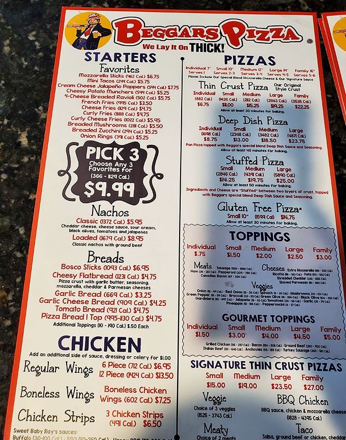 "We Lay It On Thick!" isn't just a catchy slogan&mdash;it's the Beggars Pizza promise spelled out on a menu that makes decision-making deliciously difficult.