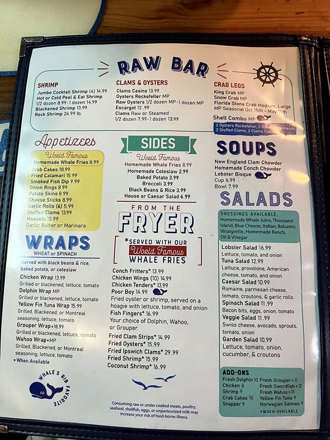 The menu reads like a love letter to the ocean, with "World Famous" Whale Fries promising to be your new coastal obsession.