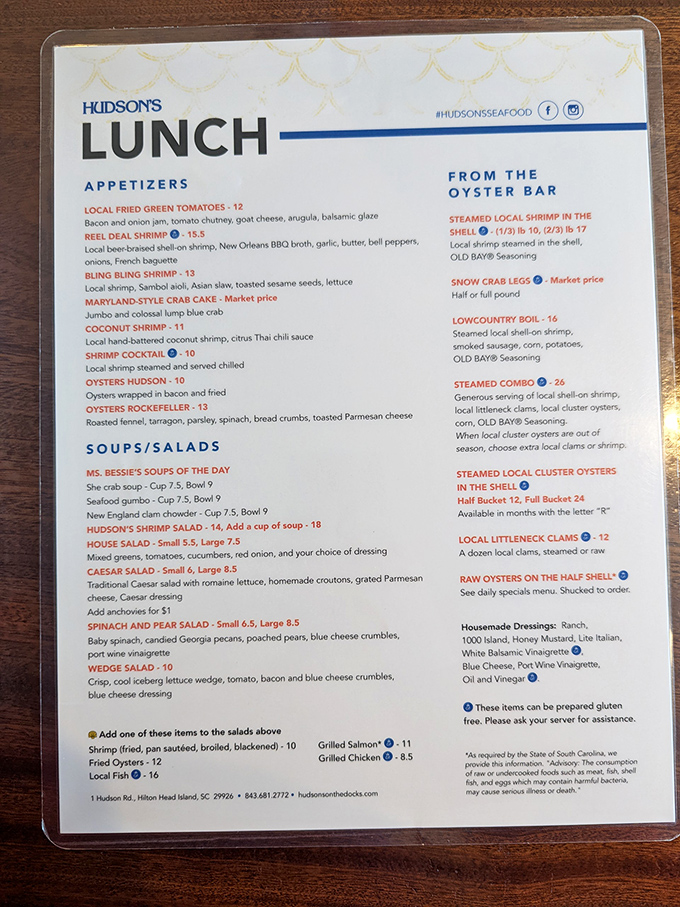 This menu reads like a love letter to Lowcountry seafood. From fried green tomatoes to oysters Rockefeller, decisions have never been so deliciously difficult.