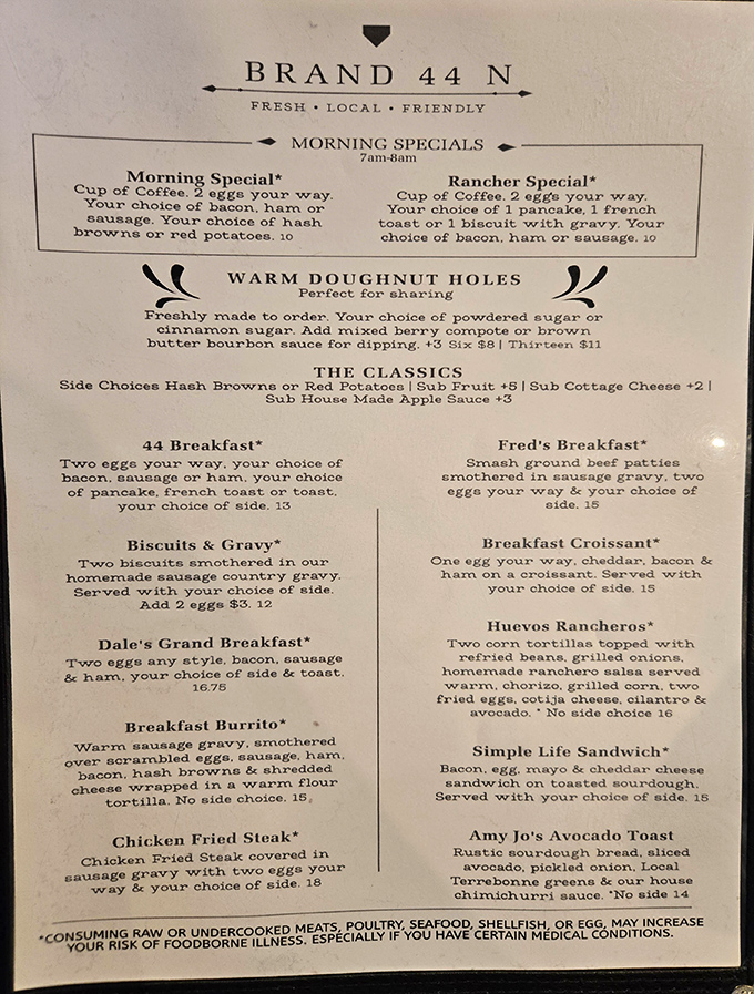 A menu that reads like breakfast poetry&mdash;each option more tempting than the last. The "Warm Doughnut Holes" section deserves its own spotlight.