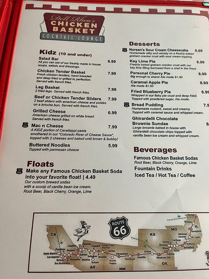 The menu tells the story: Route 66 heritage meets comfort food classics. That chicken basket has been calling America's name for generations.