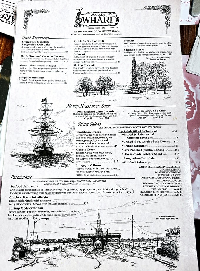 A menu that reads like a maritime treasure map, complete with illustrations. X marks the spot where She Crab Soup becomes your new obsession.