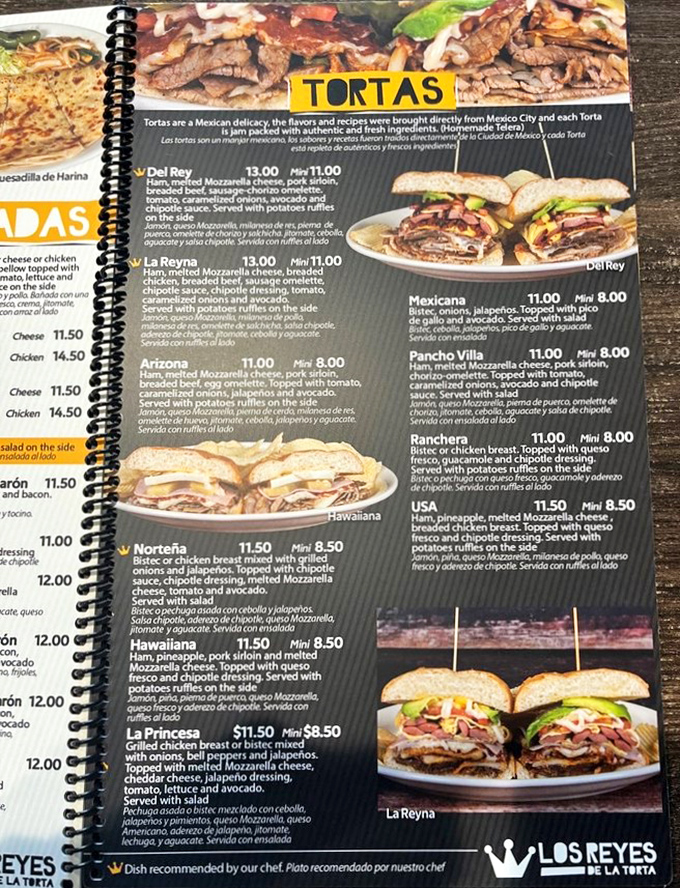 The menu reads like a love letter to Mexican cuisine. Each torta description promises a sandwich experience that requires both hands and a strategy.