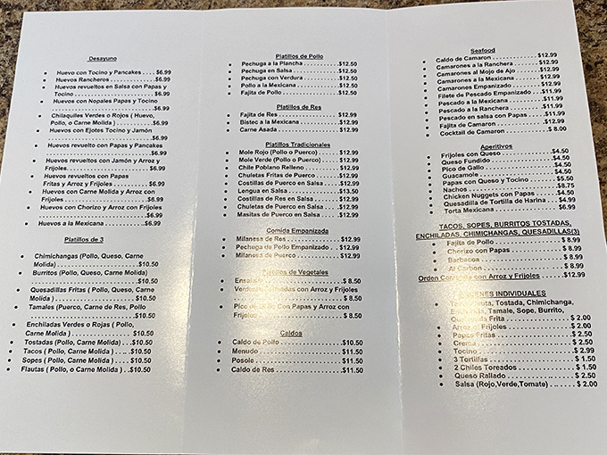 A menu that reads like a love letter to Mexican cuisine, offering everything from breakfast classics to seafood specialties.