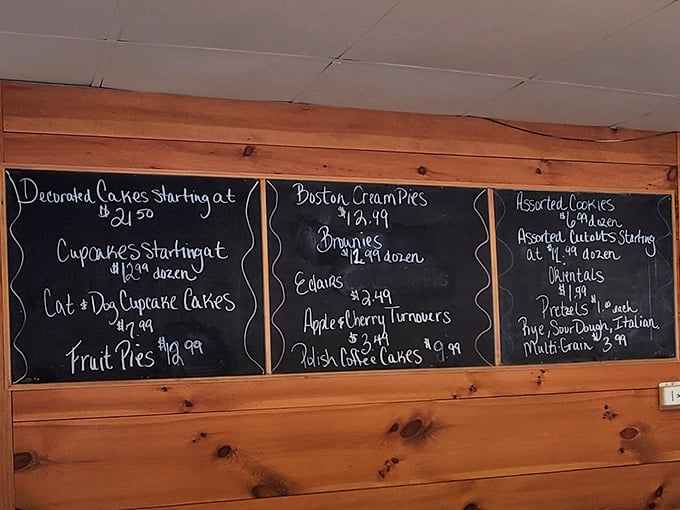 A chalkboard menu that reads like poetry to carb enthusiasts. Those prices won't give your wallet a sugar crash!