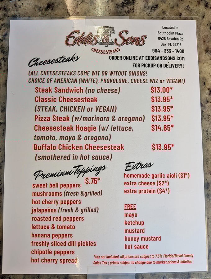 A menu that cuts right to the chase &ndash; no fancy descriptions needed when you've mastered the art of the cheesesteak. "Wit or witout" is all you need to know.