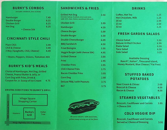 The vibrant green menu board reads like a love letter to American classics. No fusion confusion here, just straightforward deliciousness.
