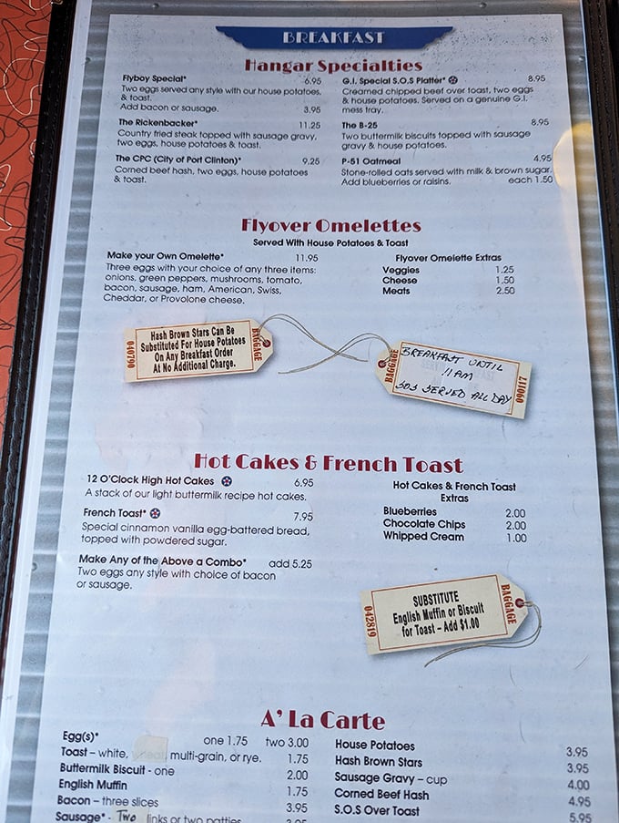 Aviation-themed menu items like "Hangar Specialties" and "Flyover Omelettes" promise a breakfast that'll have your taste buds soaring higher than the Wright brothers.