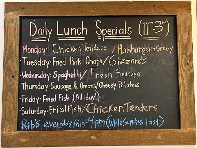 That chalkboard menu reads like a love letter to your arteries, written in the language of comfort food.