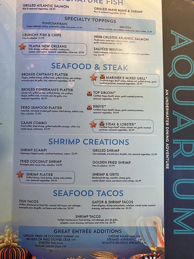 This menu reads like a love letter to seafood enthusiasts. The Gator & Shrimp Tacos are calling my name louder than my cardiologist.