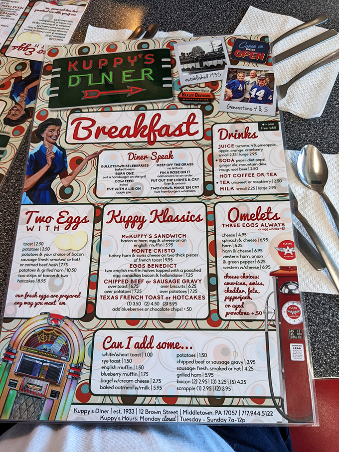 This menu isn't just a list of food&mdash;it's a cultural document. "Diner Speak" glossary included, because ordering should be as fun as eating.