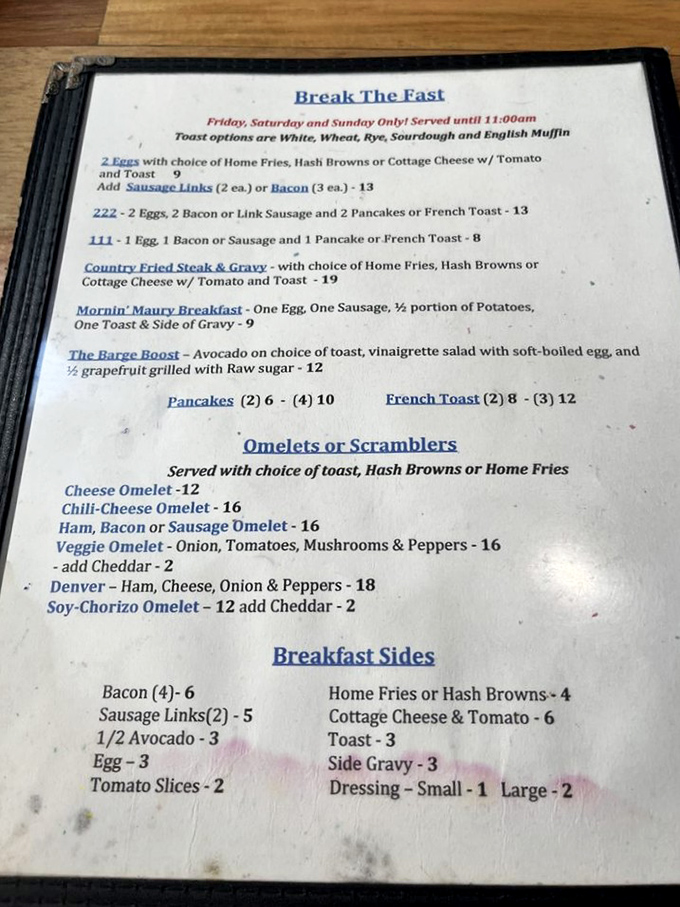 Breakfast that fuels maritime adventures. The menu offers everything from hearty "222" combos to the intriguingly named "Barge Boost"&mdash;sailor-approved sustenance.