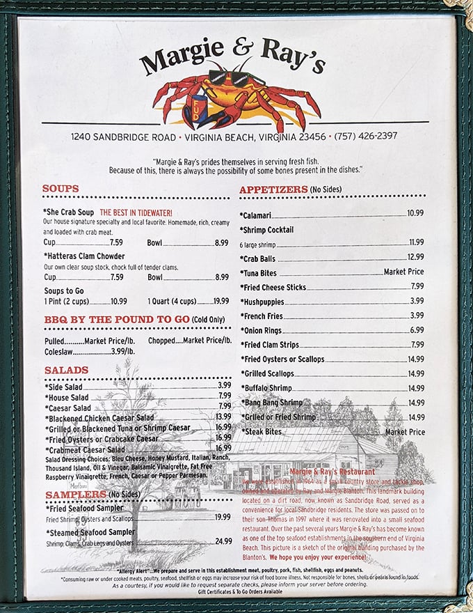 A menu that tells you exactly what you need to know: fresh seafood, possible bones, and absolutely no pretension.