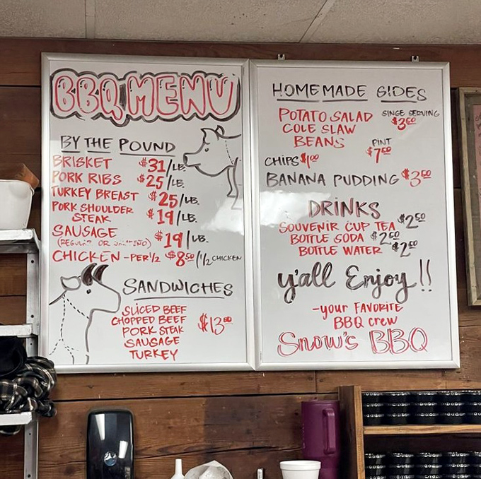 A hand-written menu board that might as well be a sacred text in Texas. No fancy fonts needed when the meat speaks for itself.
