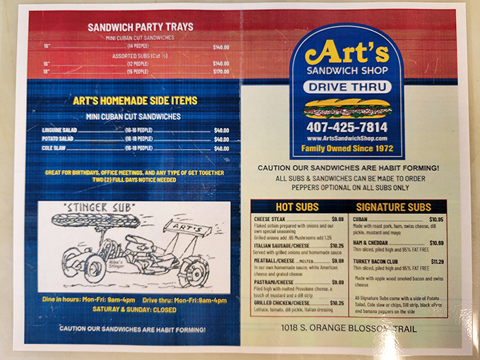 The legendary "Stinger Sub" illustration alone is worth the trip. This menu isn't just food options&mdash;it's a roadmap to happiness.