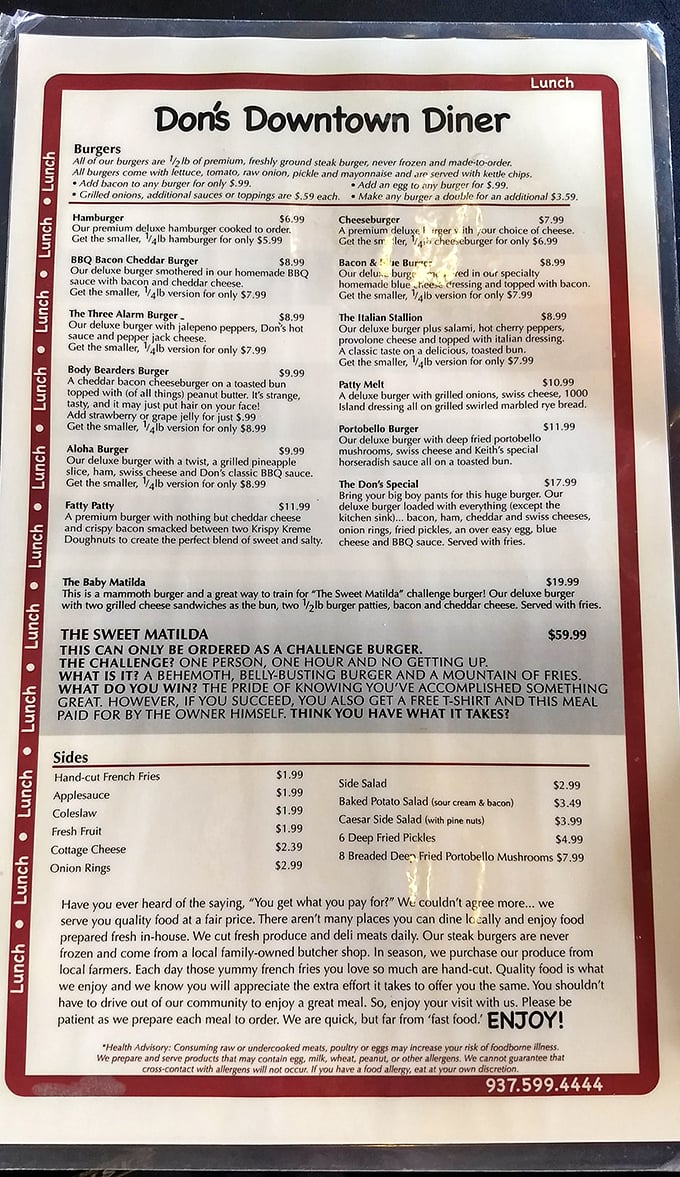 The Sweet Matilda challenge burger looms large on this menu - a mountain of deliciousness for the brave.