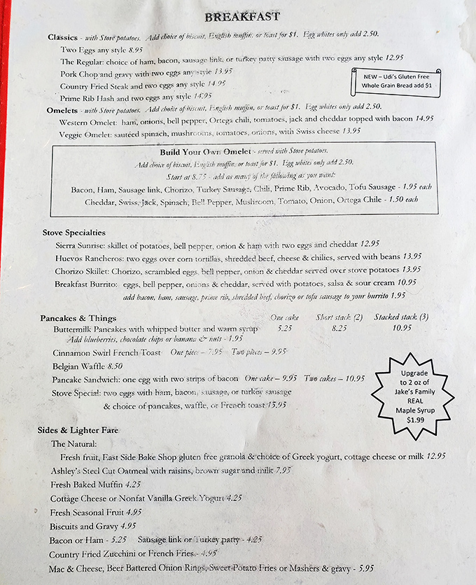A menu that reads like poetry to the breakfast-obsessed. The "Build Your Own Omelet" section alone could keep you coming back for a month straight.