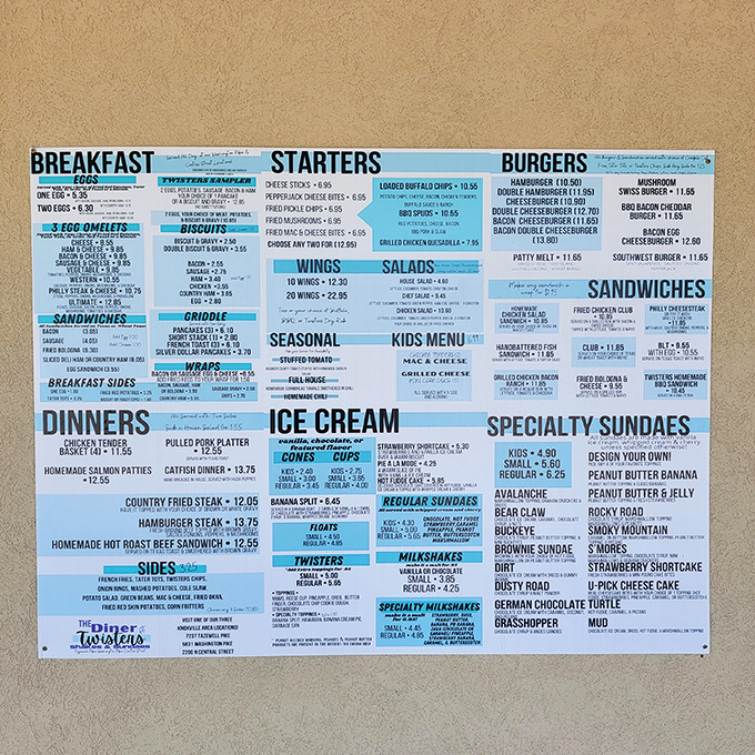This menu isn't just a list&mdash;it's a roadmap to happiness. The specialty sundaes section alone requires strategic planning and multiple visits.