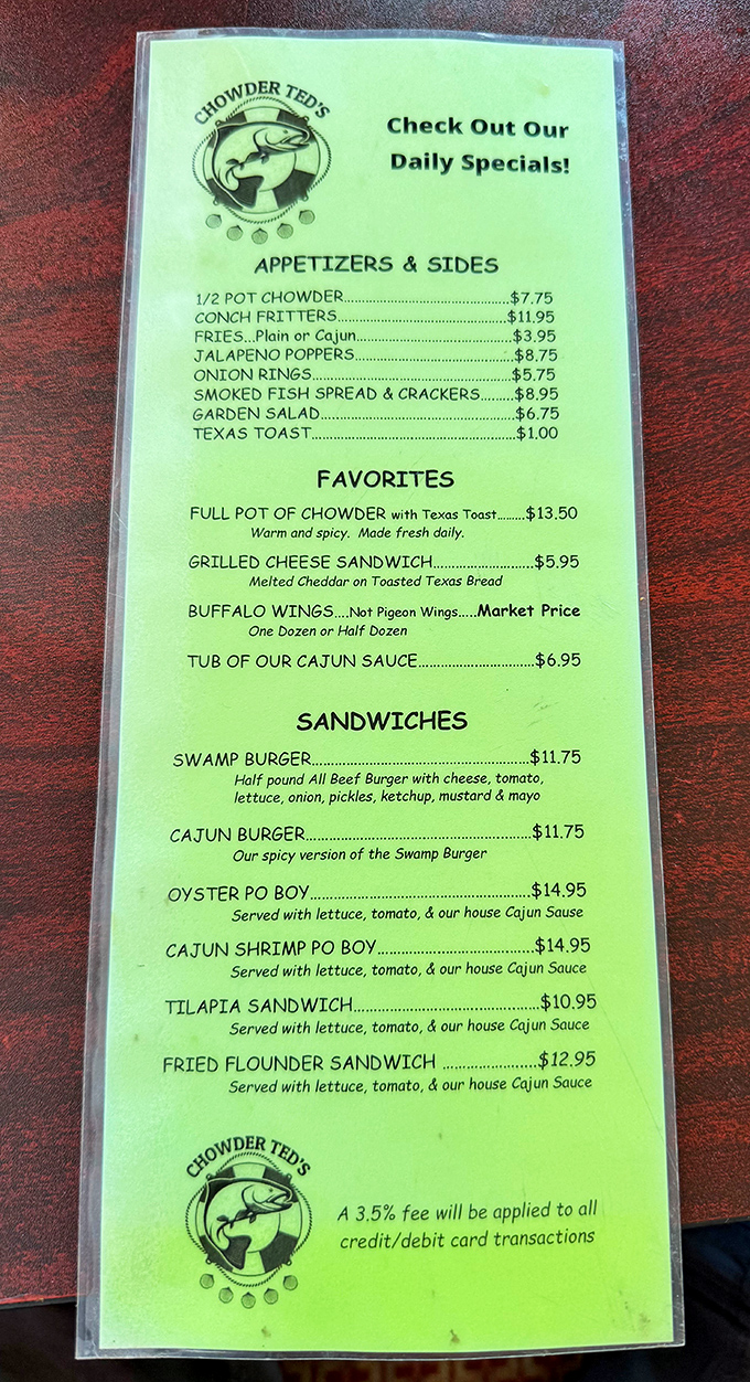 The menu reads like a love letter to seafood enthusiasts. Notice how "Not Pigeon Wings" needed clarification? That's Florida humor at its finest.