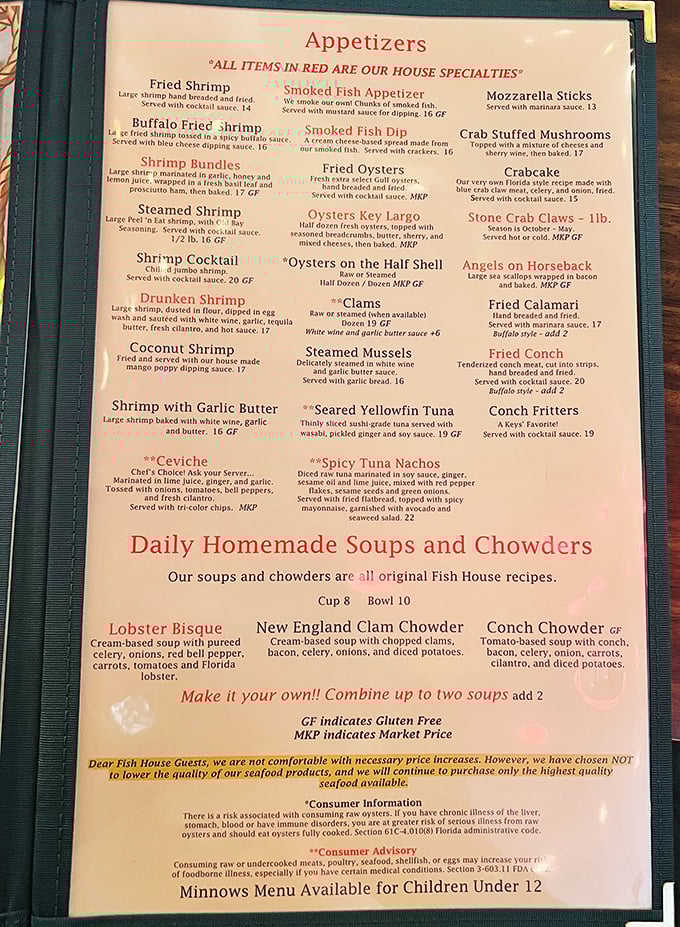 The menu reads like a love letter to the ocean, with house specialties helpfully highlighted in red. Decision paralysis has never been so delicious.