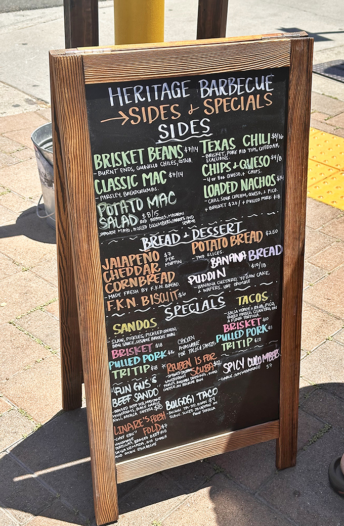 A chalkboard menu that reads like poetry to meat lovers. Each item represents hours of smoking perfection and culinary dedication.