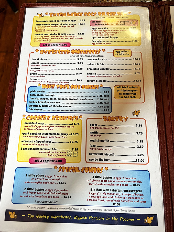 The menu reads like a love letter to breakfast enthusiasts. "Big Bad Wolf" with sharing encouraged? Challenge accepted!