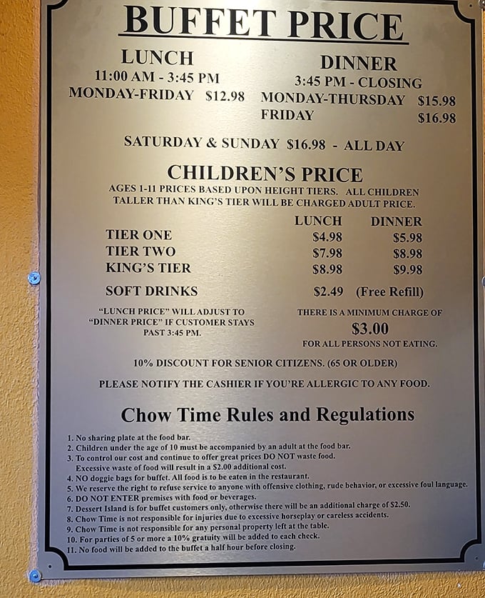 The menu board lays out the ground rules of engagement – a small price to pay for unlimited access to this kingdom of comfort food.