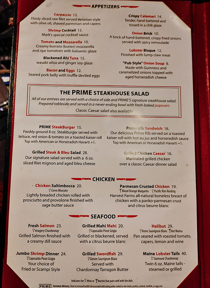 A menu that reads like a love letter to carnivores, with supporting roles for seafood lovers who somehow wandered into this beef paradise.