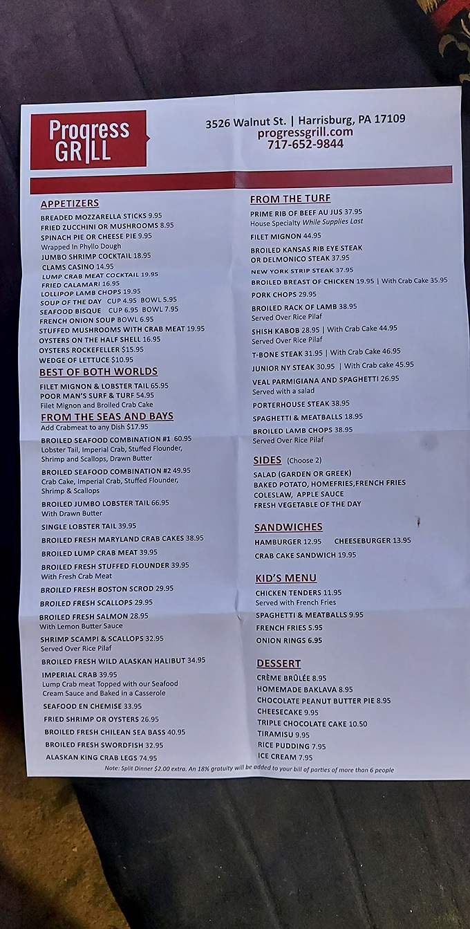 This menu isn't just a list of dishes; it's a roadmap to happiness. The "While Supplies Last" note beside Prime Rib is your cue to order quickly!