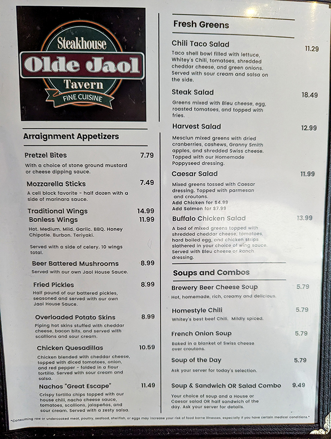 The cleverly named "Arraignment Appetizers" prove that even the menu has a sense of humor about the building's past life.