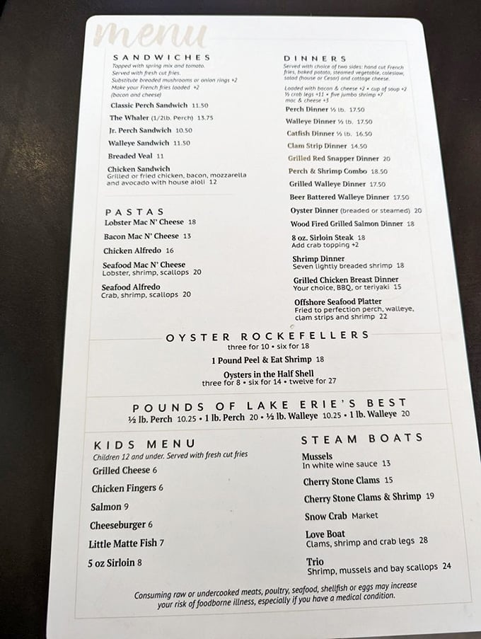This menu reads like a love letter to Lake Erie's bounty. The Offshore Seafood Platter is calling my name!