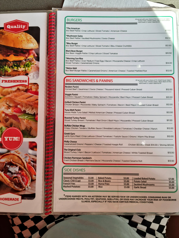 This menu isn't just reading material&mdash;it's a roadmap to happiness. The burger section alone could solve most of life's problems.