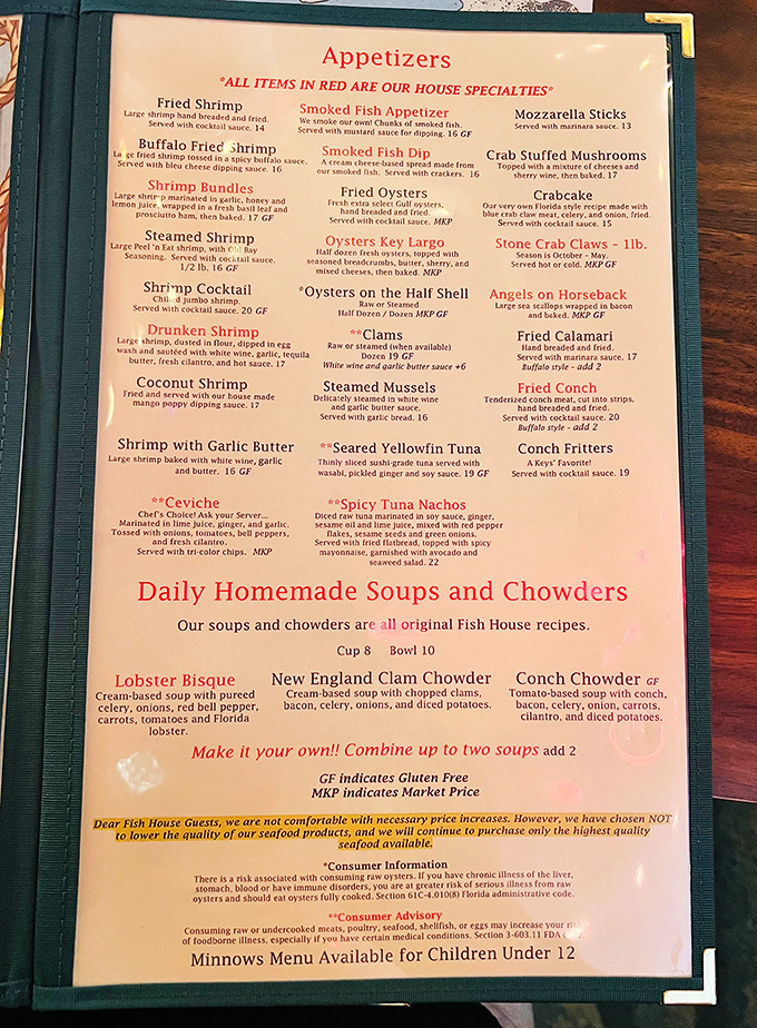 This menu reads like a love letter to the ocean—red items are house specialties, proving they know exactly what they do best.