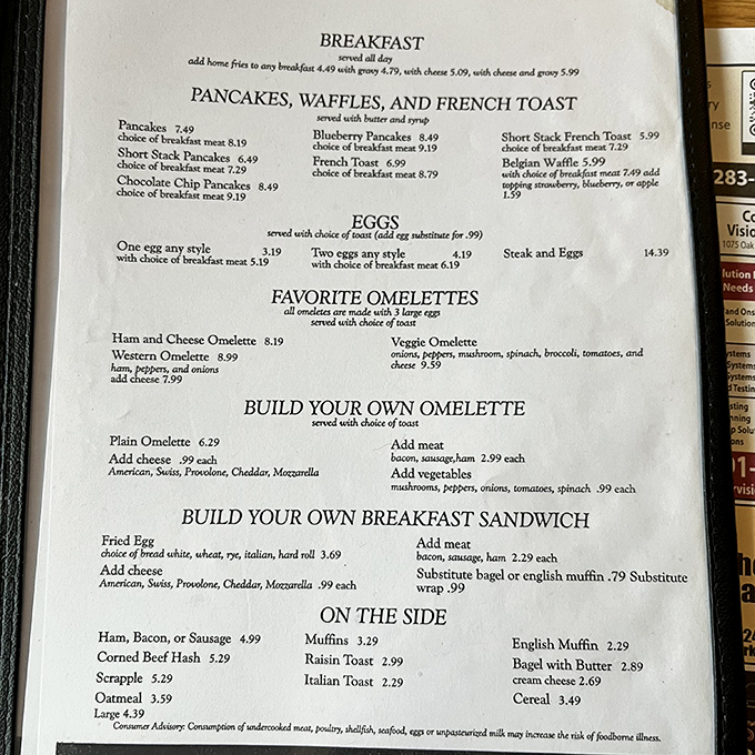 A breakfast menu that reads like poetry for anyone who believes pancakes are a food group.