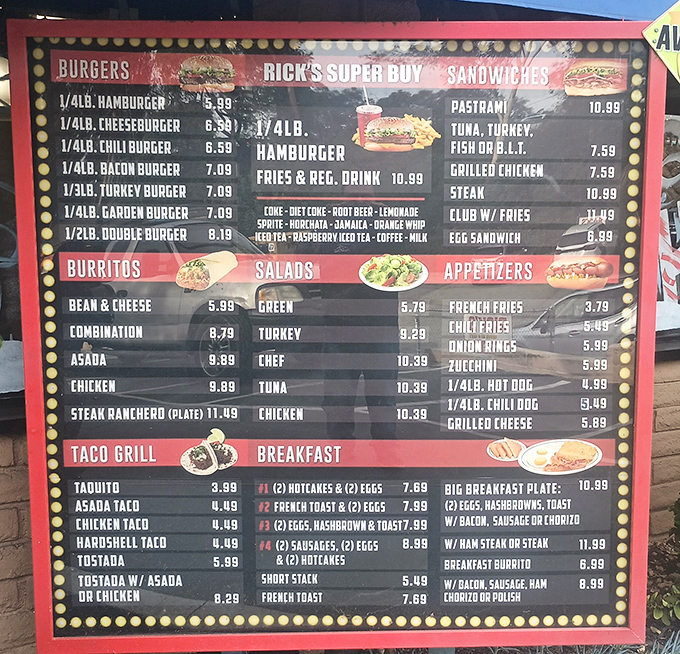 This menu reads like America's greatest hits - burgers, breakfast, and everything your heart craves.