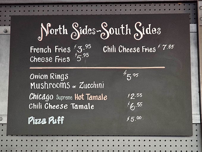 The menu board speaks the language of Chicago street food fluently. Each item a portal to Maxwell Street and beyond.