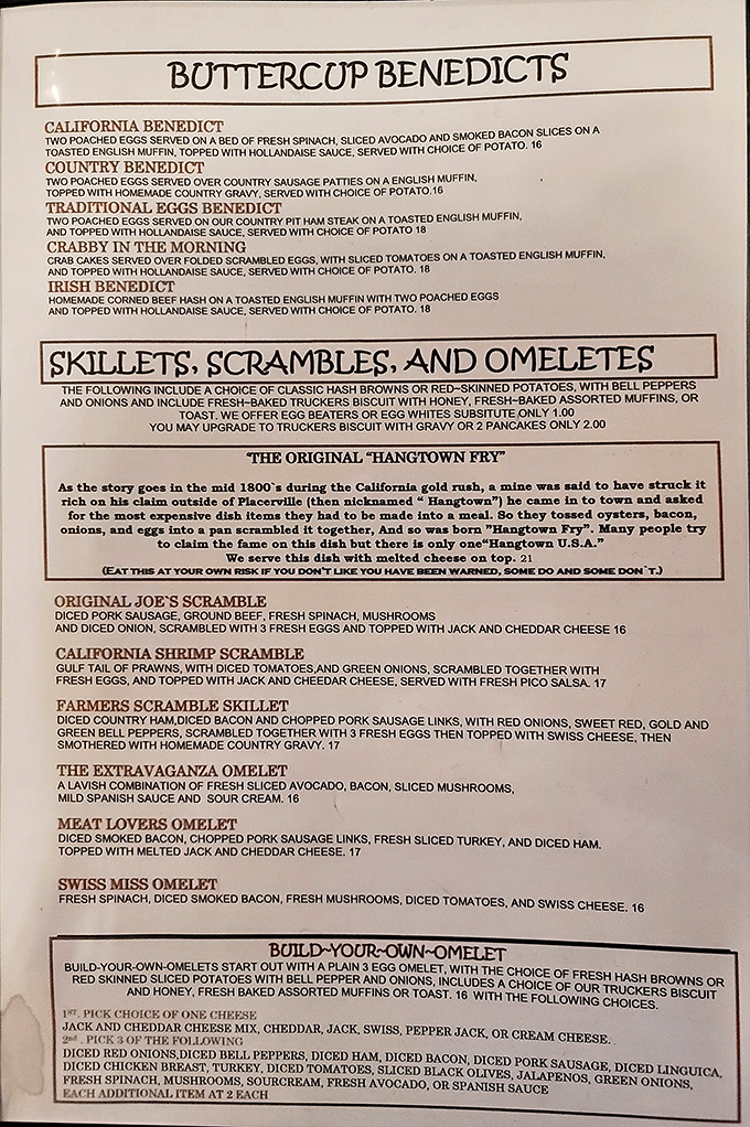 A menu that reads like poetry to hungry souls. Benedicts, scrambles, and omelets compete for your attention&mdash;choose wisely, my friends.