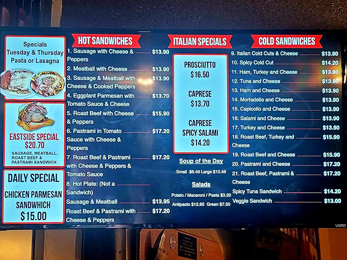 The menu board&mdash;a roadmap to happiness. Each numbered sandwich represents a different journey into Italian-American bliss, with pastrami as the star attraction.