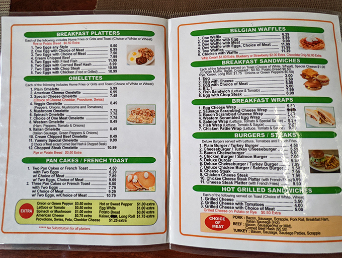 This menu isn't just a list of options&mdash;it's a roadmap to breakfast nirvana with Belgian waffles leading the expedition.