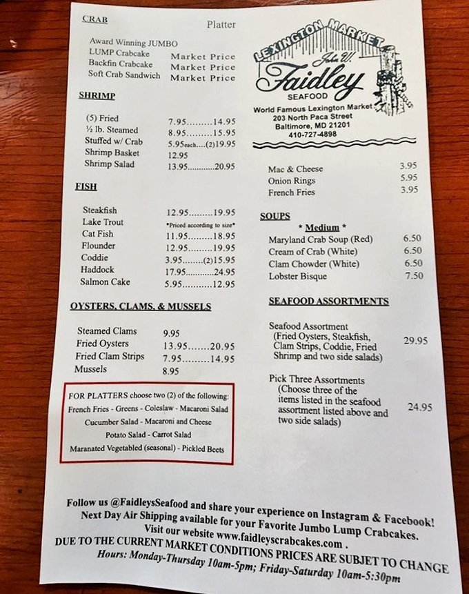 A menu that reads like poetry to seafood lovers. The "market price" notation is both a promise and a gentle warning.