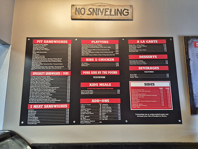 That "NO SNIVELING" sign says it all&mdash;this is a place for serious eaters who understand good things come to those who order boldly.