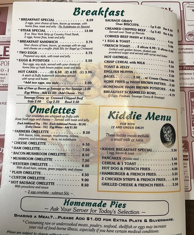 A menu that reads like a love letter to American comfort food, with breakfast served all day because timing shouldn't dictate pancake enjoyment.