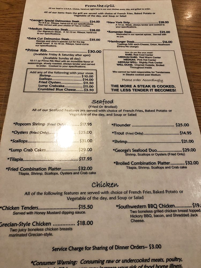 This menu isn't just a list of options &ndash; it's a roadmap to happiness. Note the warning about steak doneness &ndash; they're not playing around.