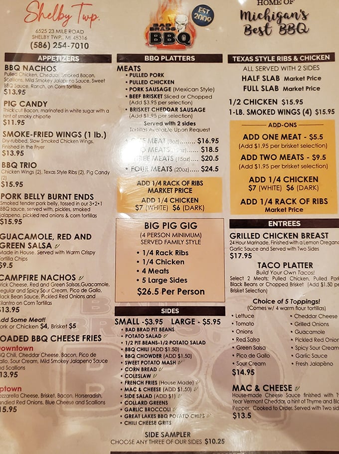 A menu that reads like barbecue poetry. Each description promises smoky delights that would make even vegetarians consider a temporary career change.